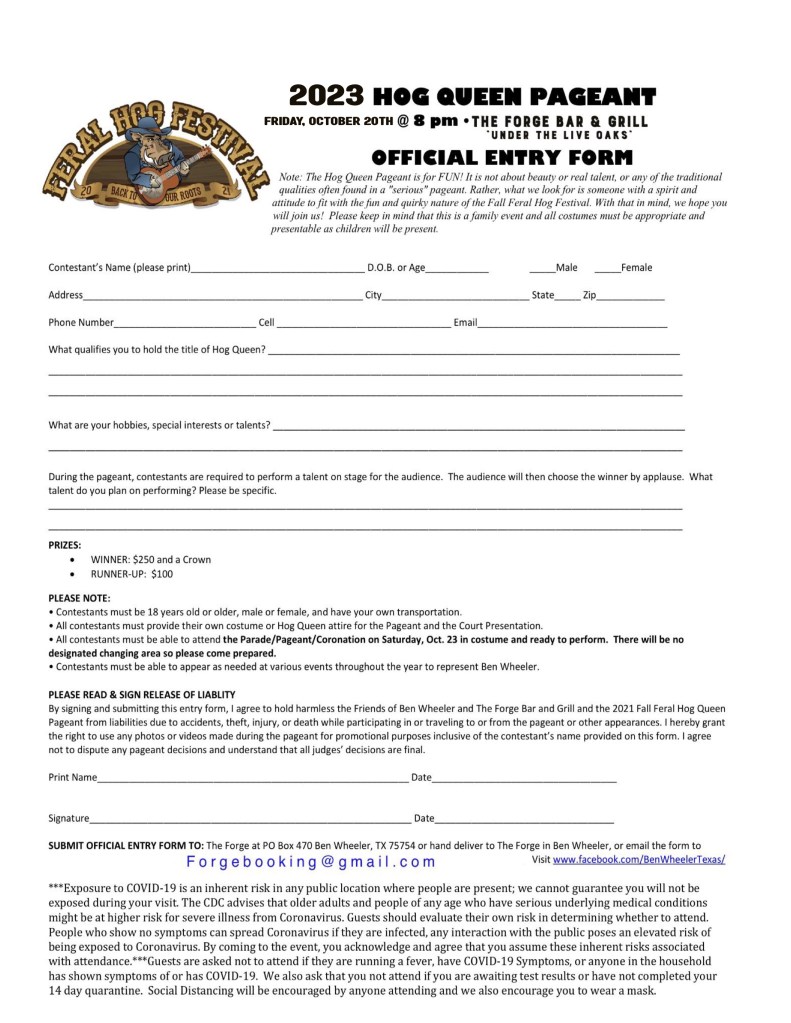 2023 HOG-QUEEN PAGEANT & FERAL HOG FESTIVAL – The Forge Bar and Grill ...